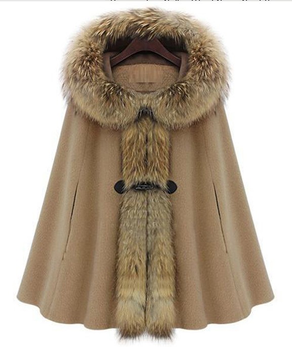 Racoon Fur Collar Wool Cape Coat Brown #ecs003183 on Luulla