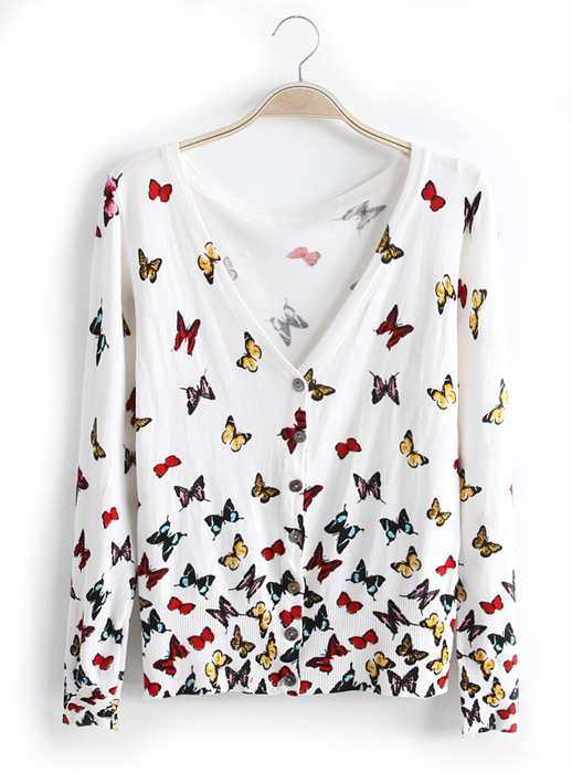 Butterfly Print V-neck Long-sleeved Knit Cardigan Sweater #ecs012760 on ...